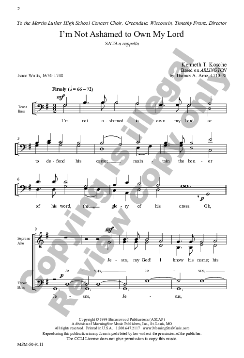 Im Not Ashamed To Own My Lord Sheet Music By Kenneth Kosche Sku