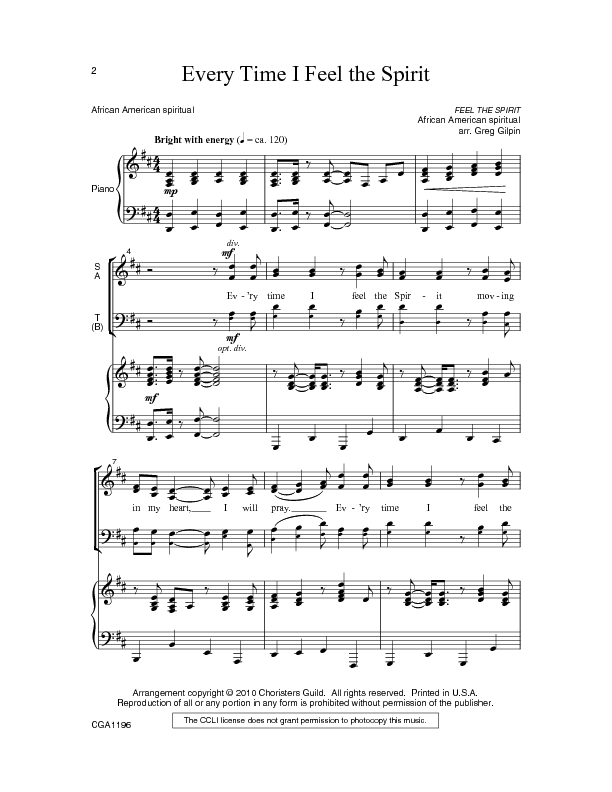 Every Time I Feel The Spirit Sheet Music By Greg Gilpin Sku Cga1196